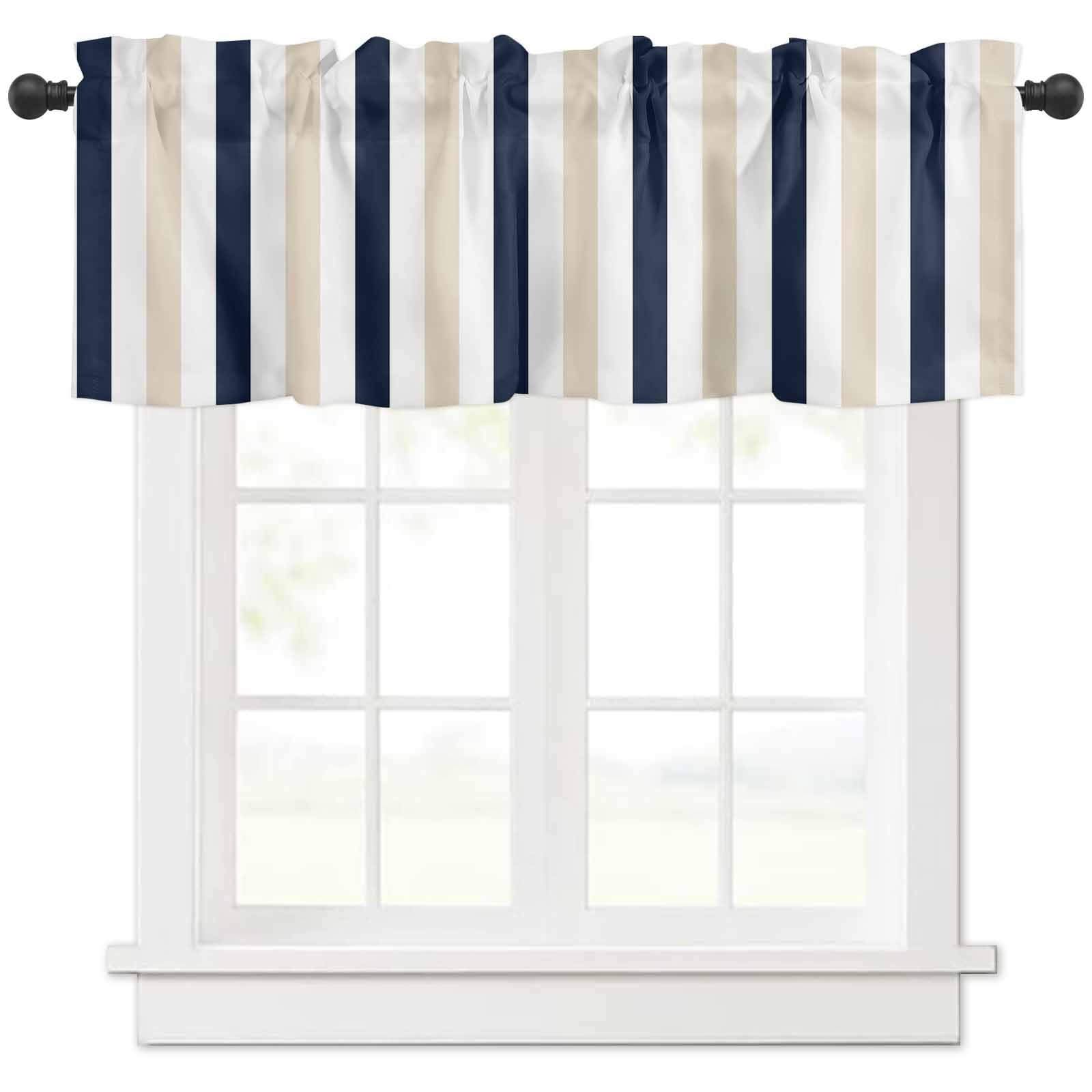 Beige Navy Blue Striped Valances for Windows Farmhouse Kitchen Curtains ...