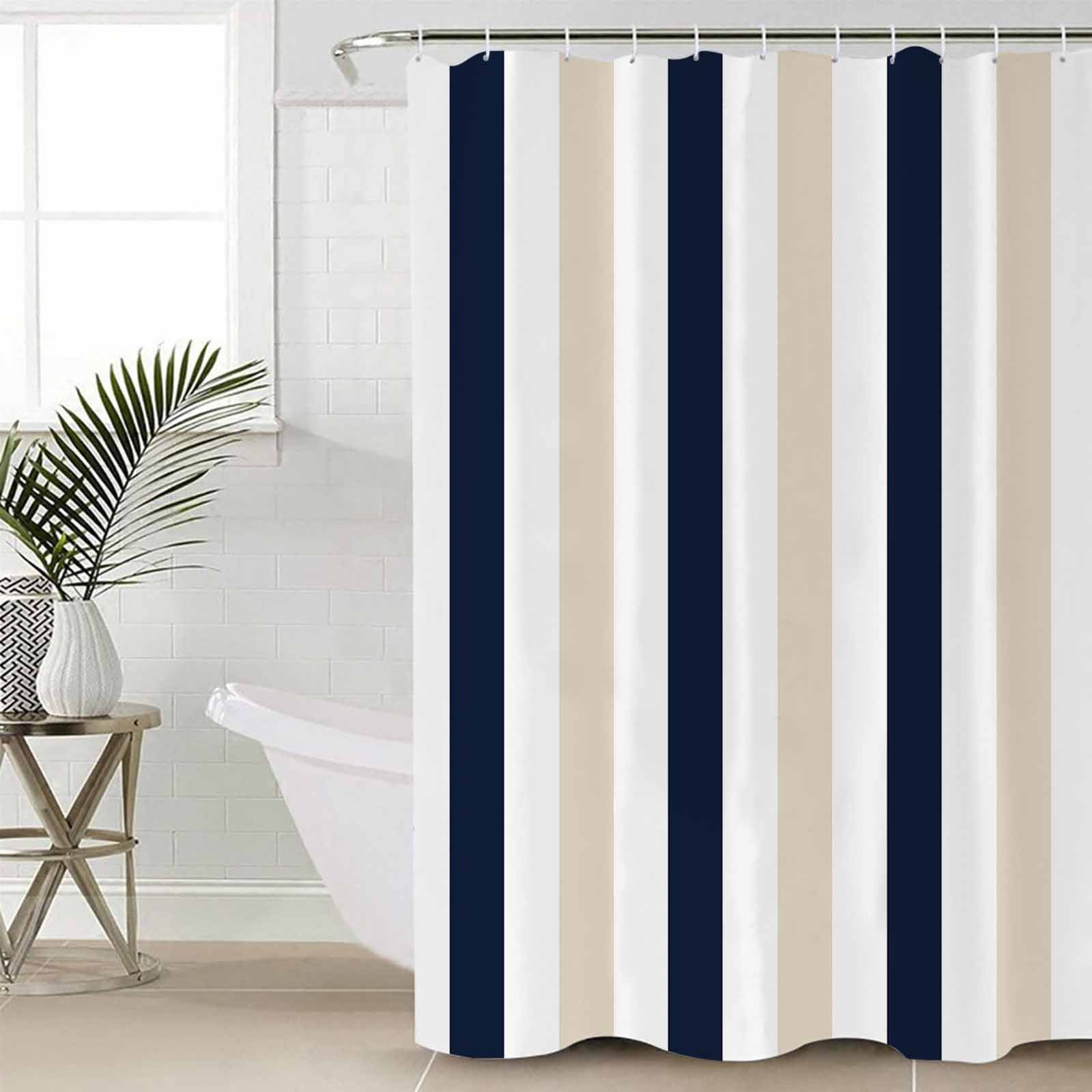 Beige Navy Blue Striped Waterproof Fabric Shower Curtain, Farmhouse ...