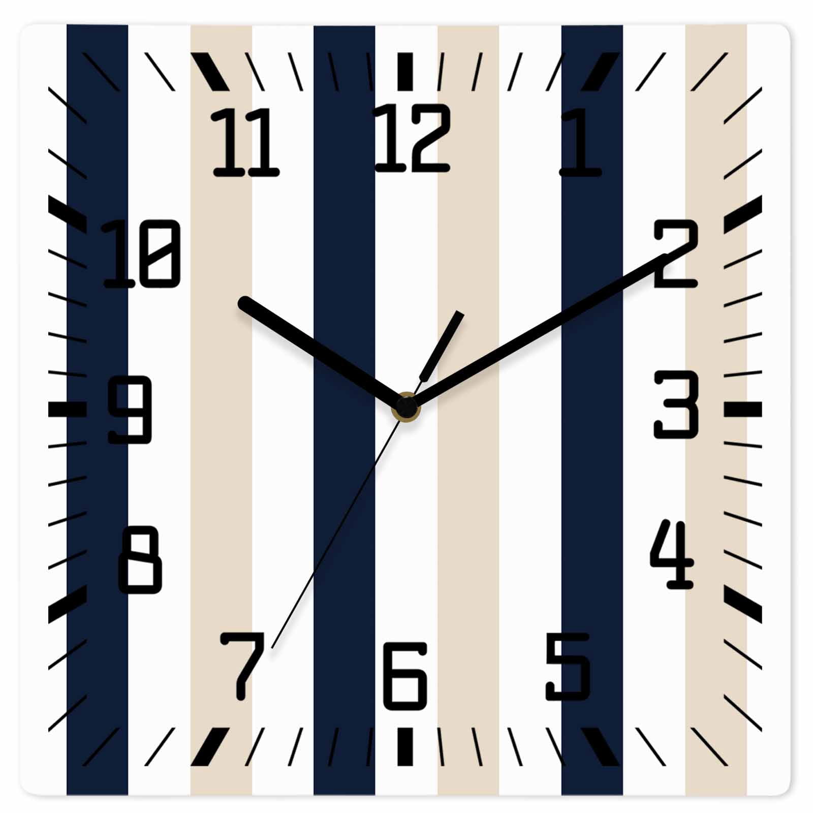 Beige Navy Blue Striped Wooden Wall Clock Silent Non Ticking, Farmhouse ...