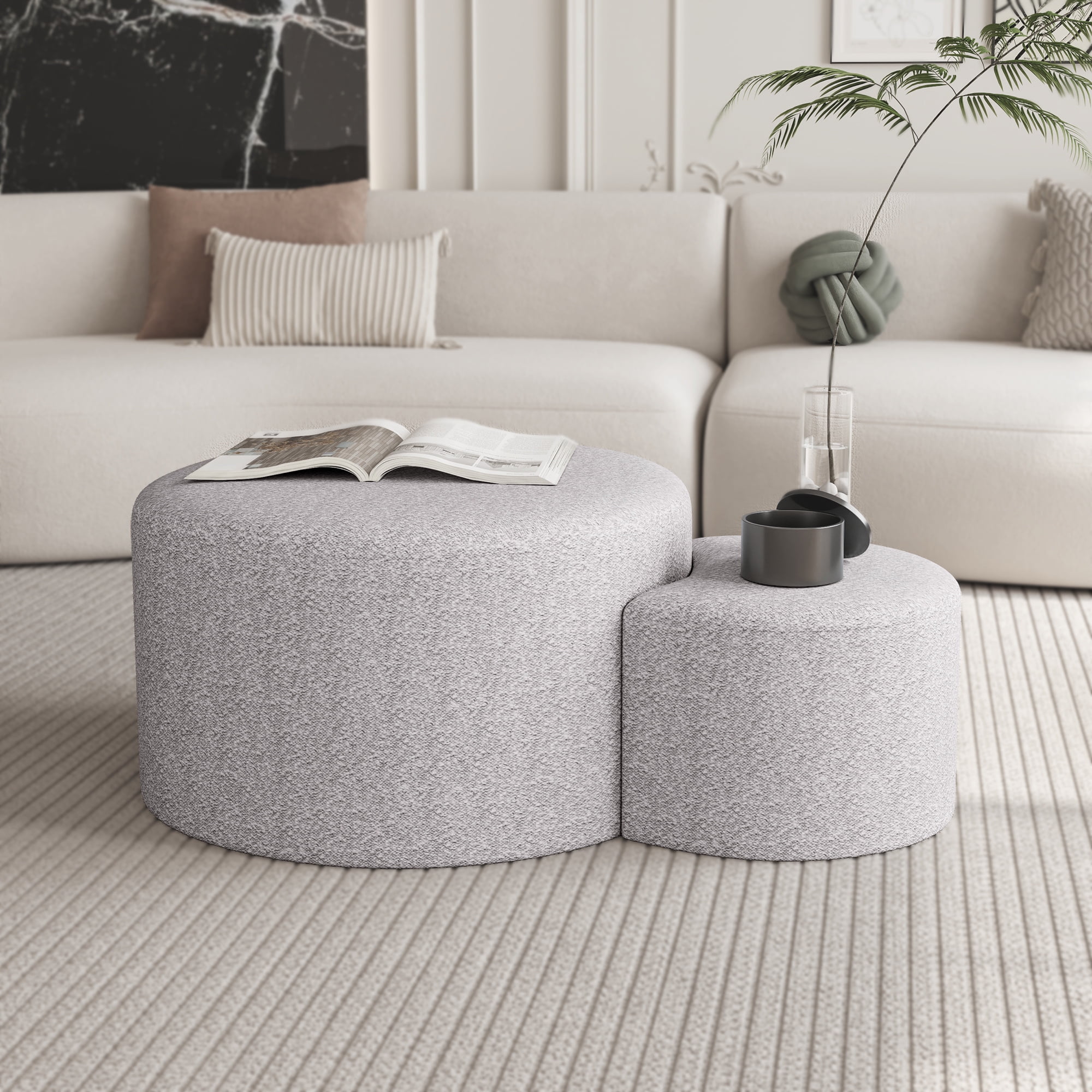 Beige Nesting Ottoman Coffee Tables Set of 2, Round Footrest, Side ...