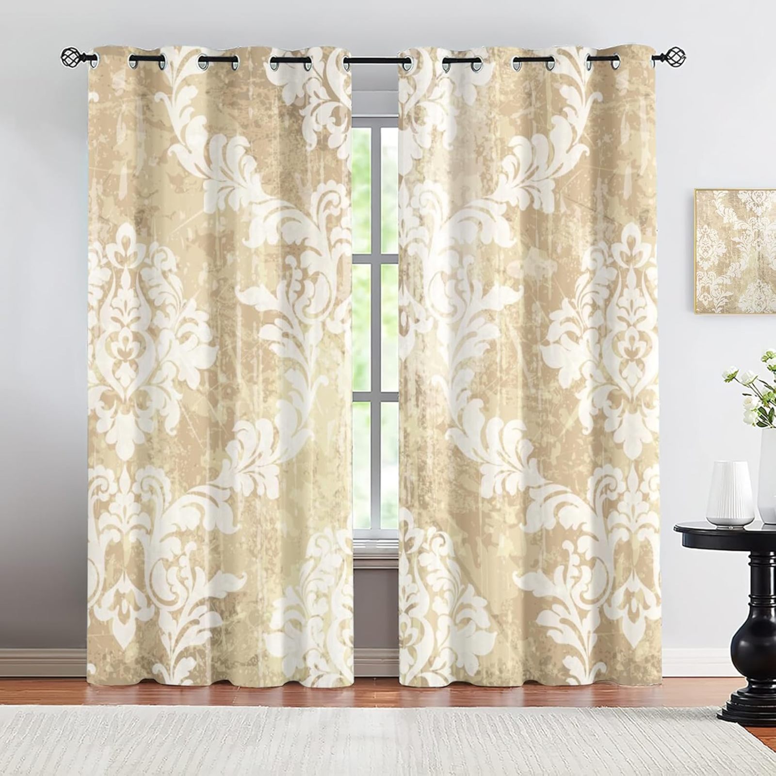 Beige Neutral Print Curtain, Boho Floral Print Eyelet Privacy Curtain ...
