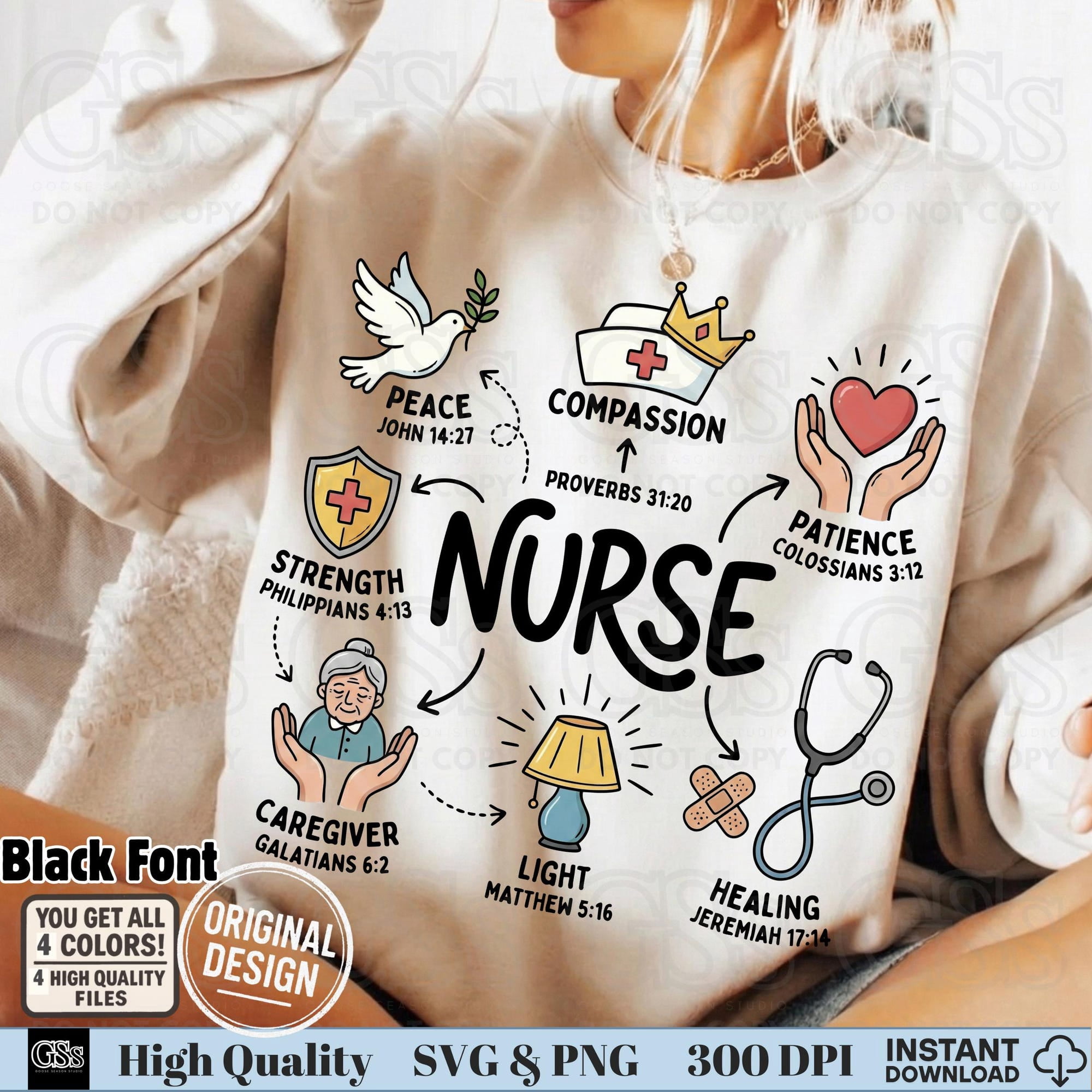 Beige Nurse Sweatshirt with Black Graphic Design, Dove, Heart, Lamp ...