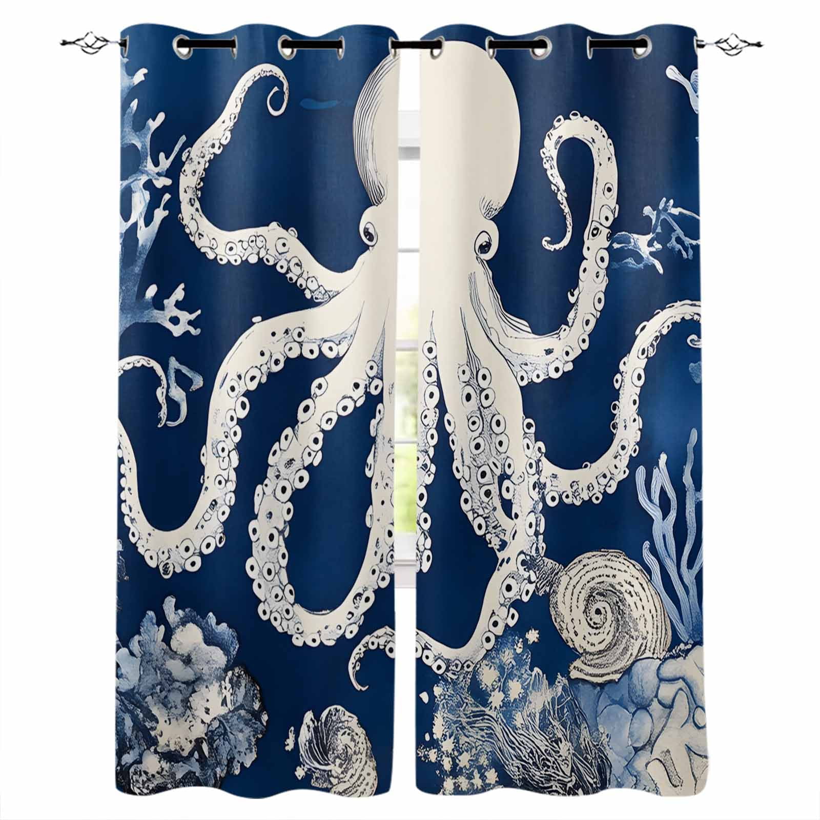 Beige Octopus Coastal Blackout Curtains 45 Inches Long, Navy Blue ...