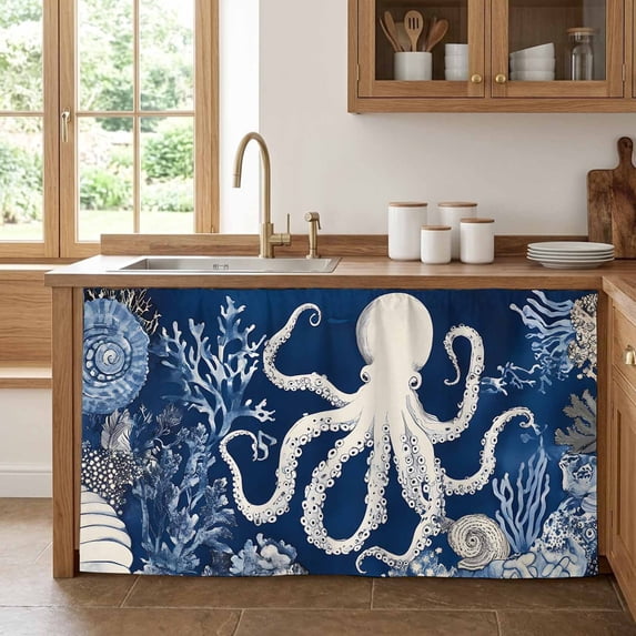 Beige Octopus Coastal Cabinet Curtain 28"Wx51"L,Dustproof Storage ...
