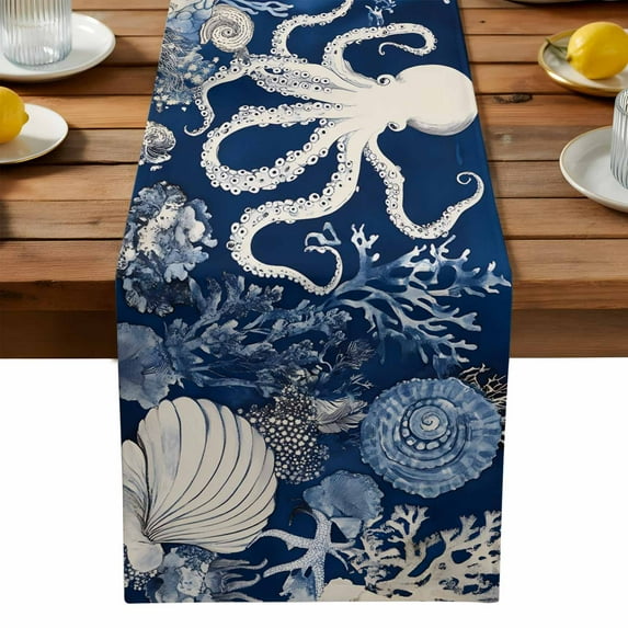 Beige Octopus Coastal Cotton Linen Table Runner for Dining Kitchen ...