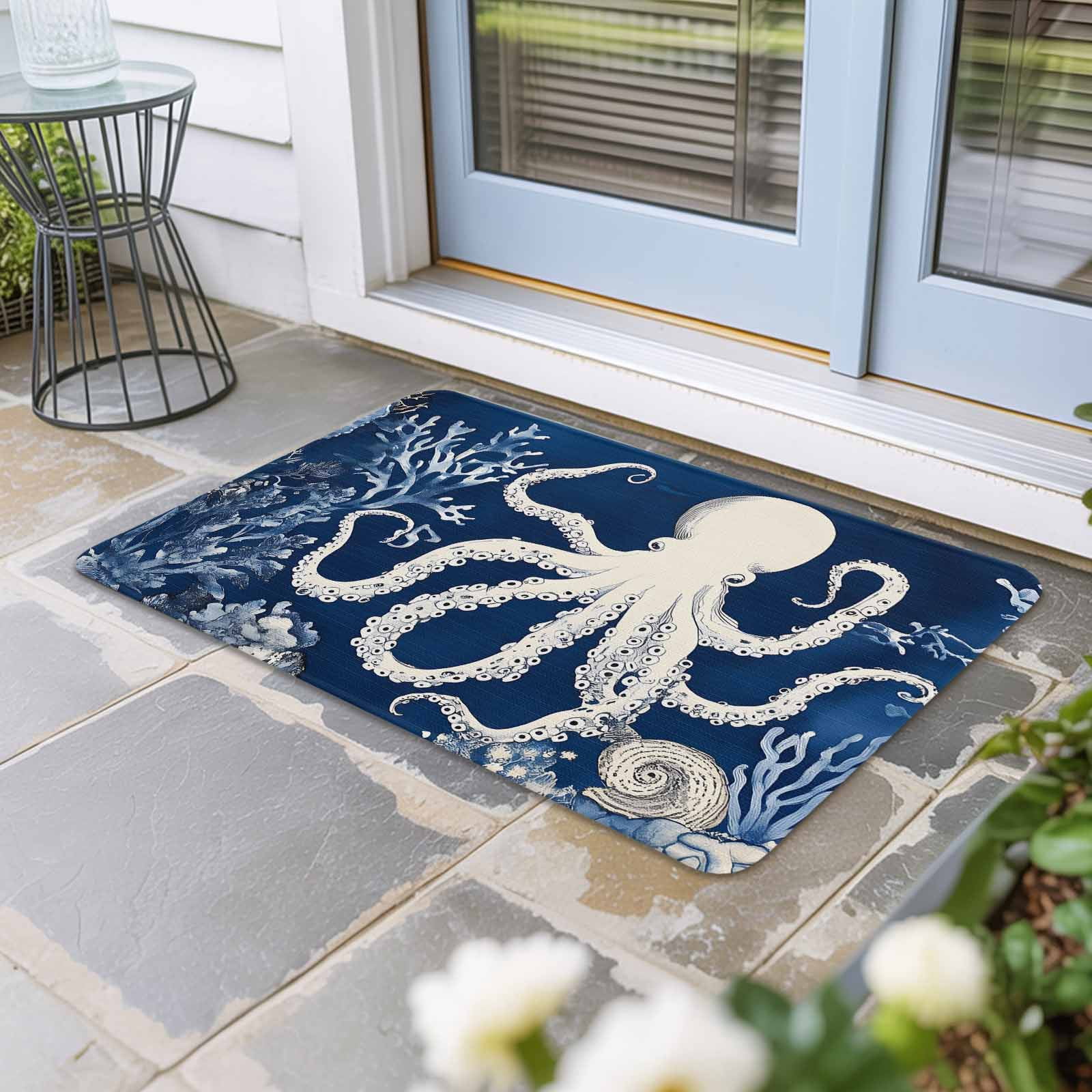 Beige Octopus Coastal Door Mat Indoor Outdoor, Navy Blue Nautical Ocean ...