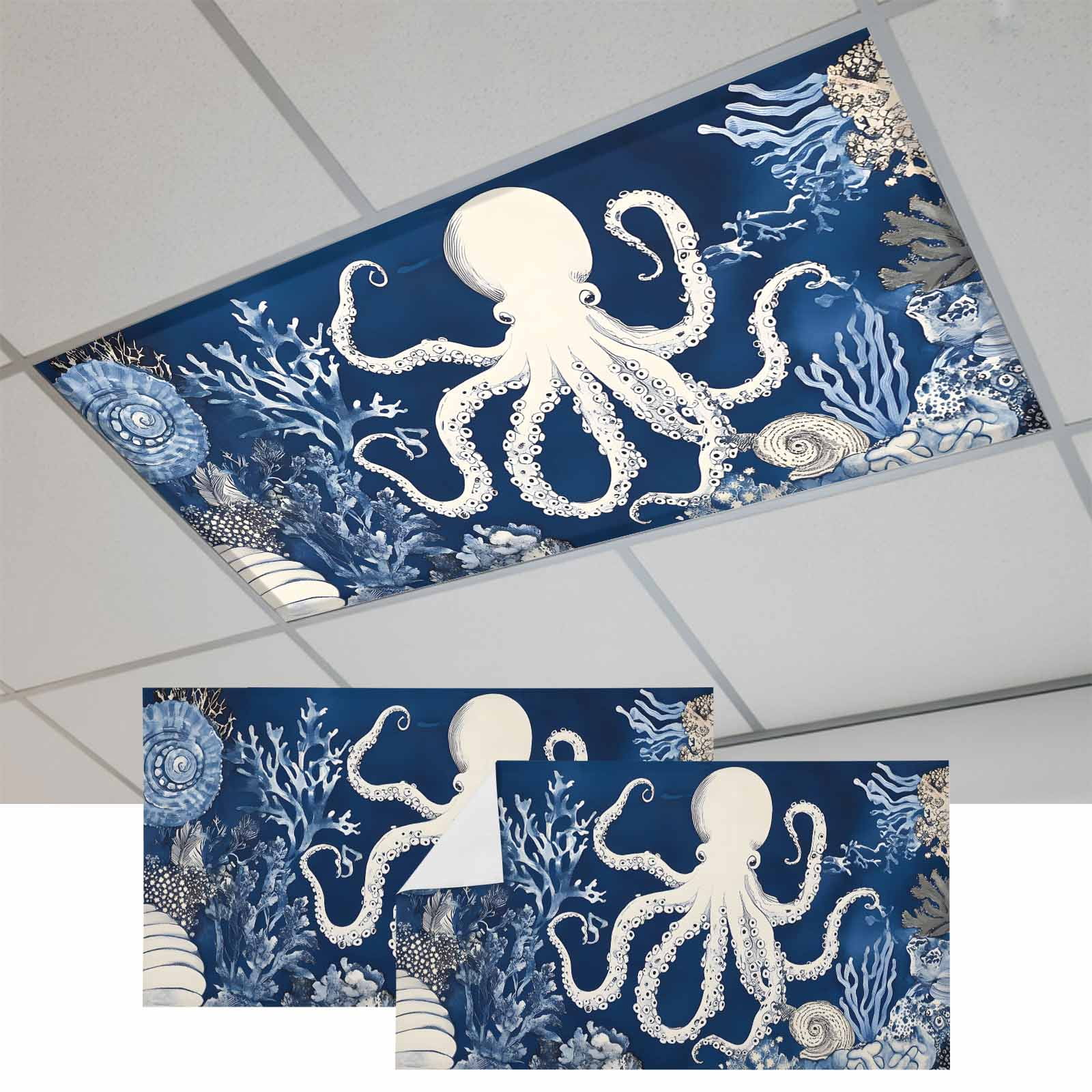 Beige Octopus Coastal Fluorescent Light Covers, Navy Blue Nautical ...