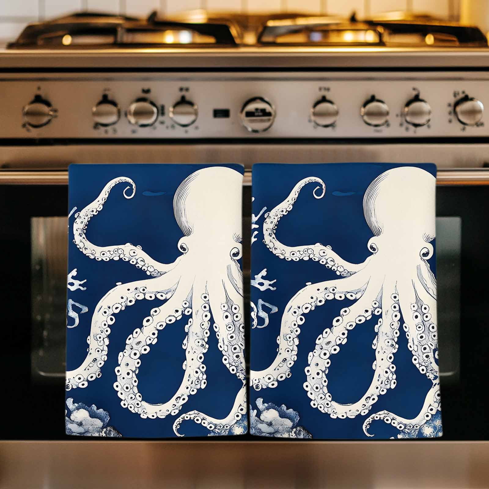 Beige Octopus Coastal Kitchen Towels Set of 3, Navy Blue Nautical Ocean ...