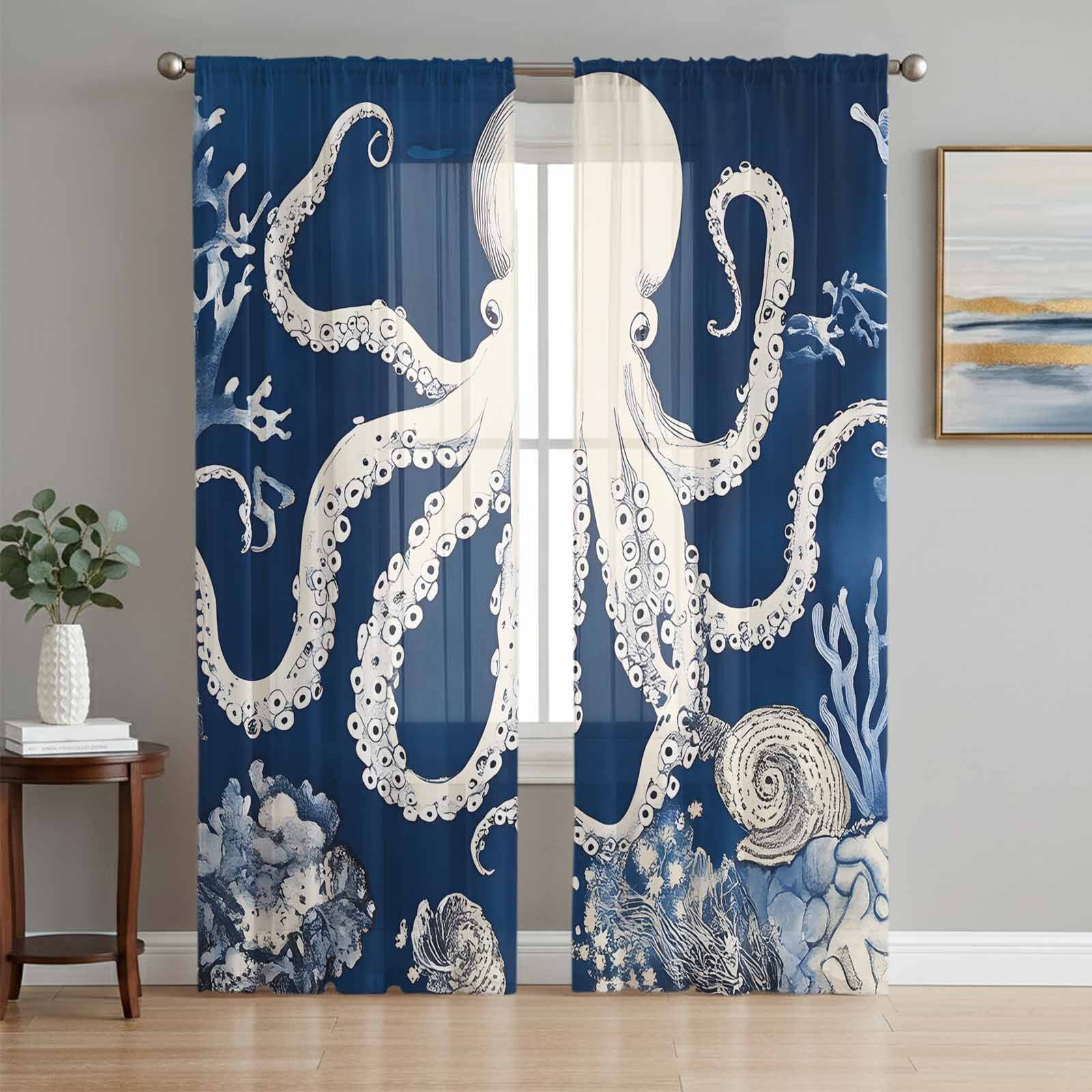 Beige Octopus Coastal Sheer Curtains 72 Inches Long 2 Panels Set ...