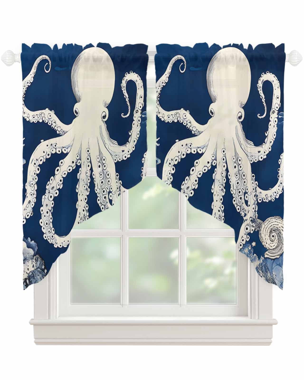 Beige Octopus Coastal Swag Valances for Windows, Navy Blue Nautical ...