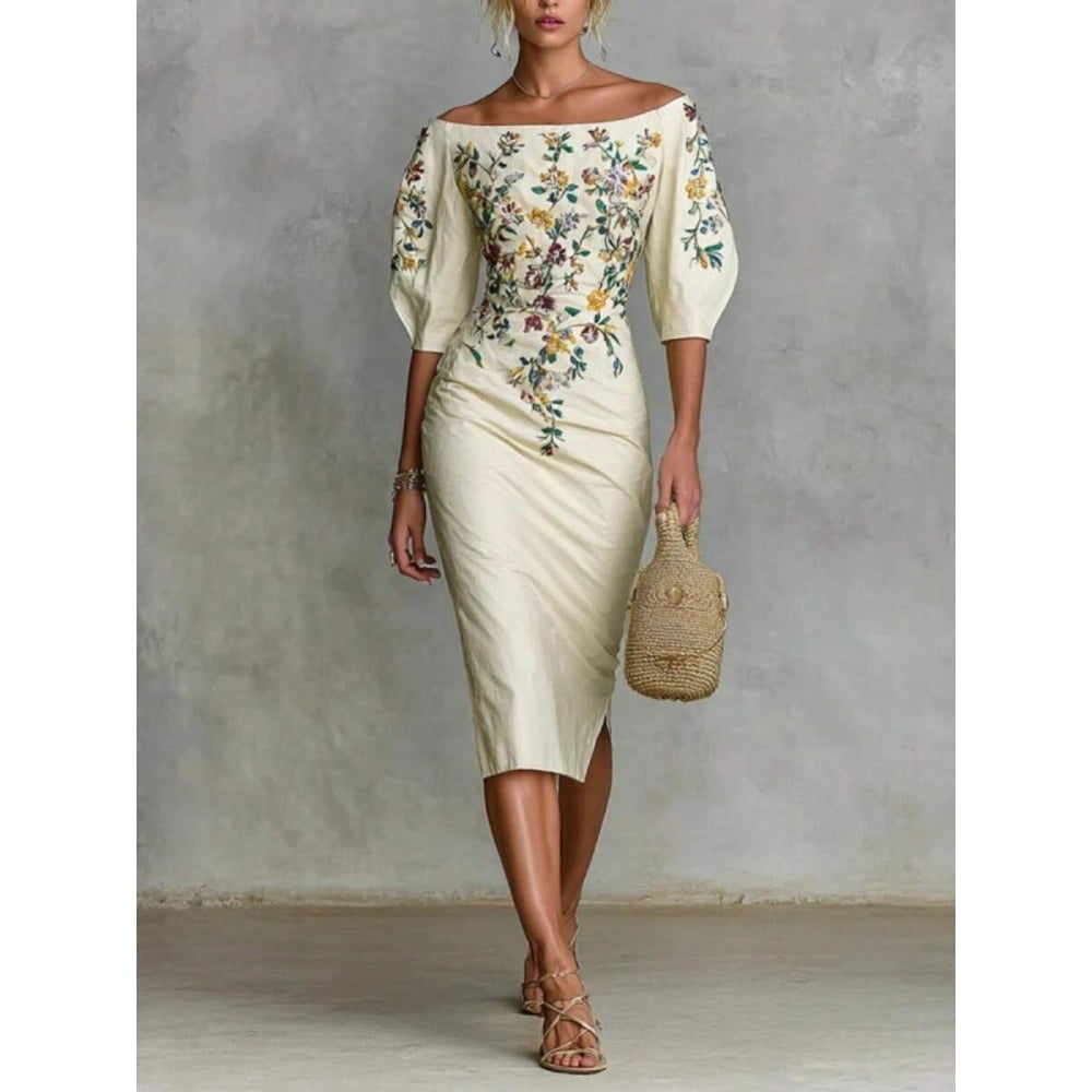 Beige Off-Shoulder Floral Embroidered Midi Dress With Puffed Three ...