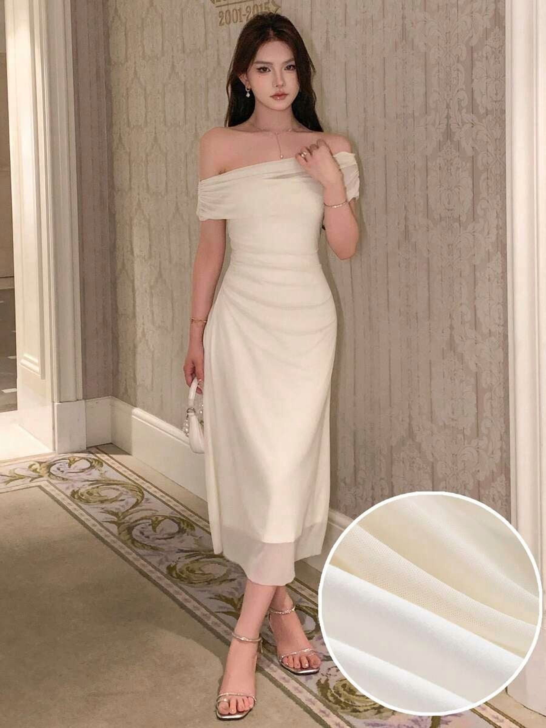 Beige Off-Shoulder Slim Fit Midi Dress For Women Elegant Casual Evening ...