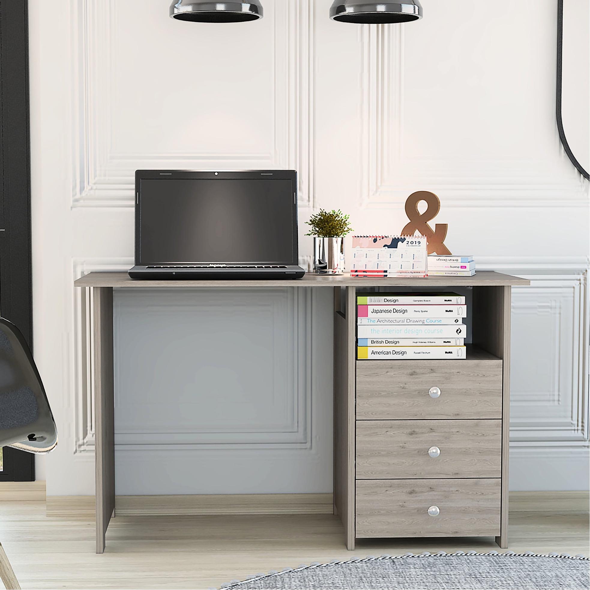 Beige Office Desk With 3 Drawers And Open Storage Cabinet Contemporary ...