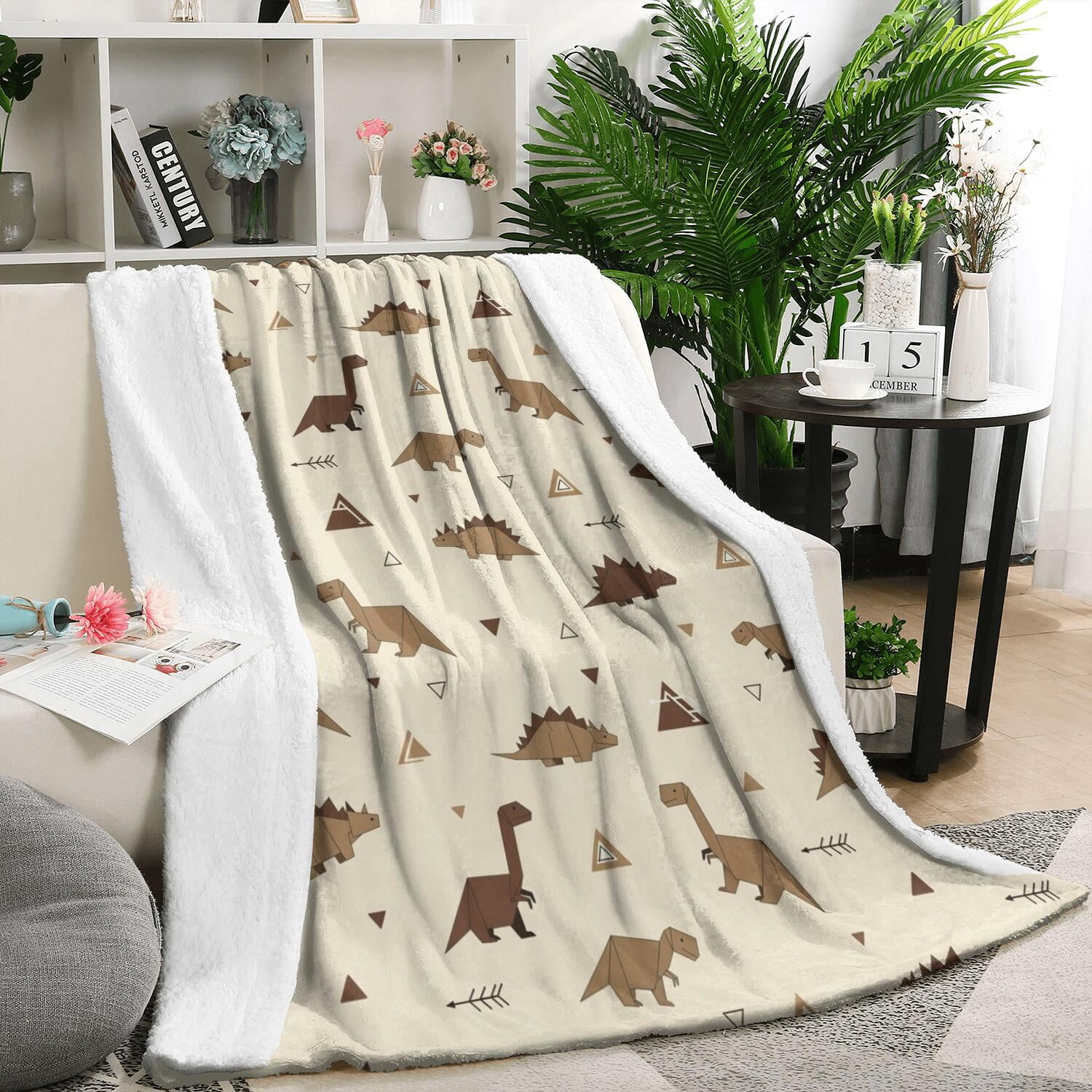Beige Origami Dinosaurs Pattern Blanket,Comfortable Soft Lamb Wool ...