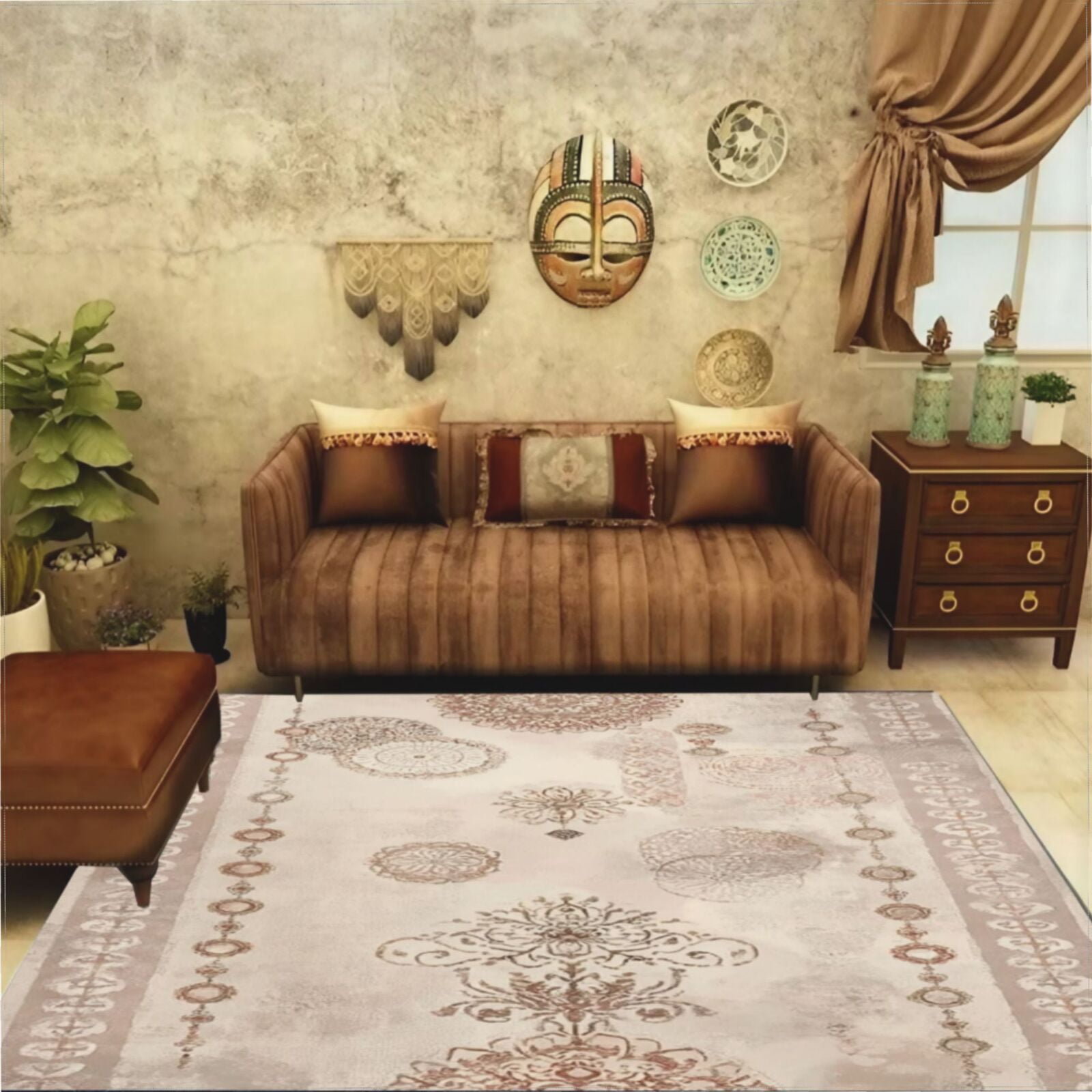 Beige Ornate Mandala Pattern Living Room ration Nordic Carpets Large ...