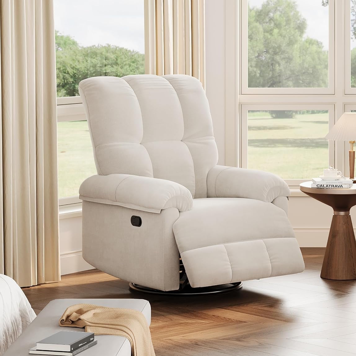 Beige Oversized Chenille Swivel Rocker Recliner – 270° Rotating ...