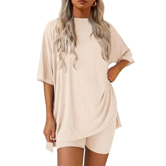 Beige Oversized Crewneck Split Hem Top & Biker Shorts Two-Piece ...