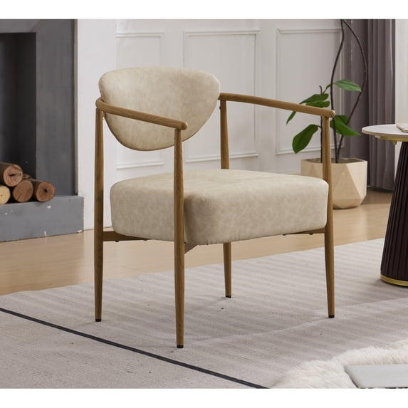 Beige PU Leather Dining Chair Soft Foam Padded Seat Back Iron Frame ...