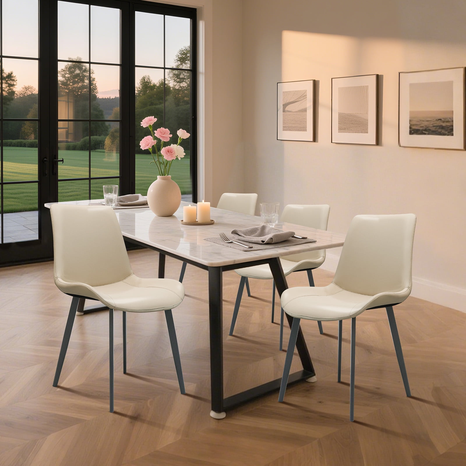 Beige PU Leather Dining Chairs Set of 2, Modern Upholstered Kitchen ...