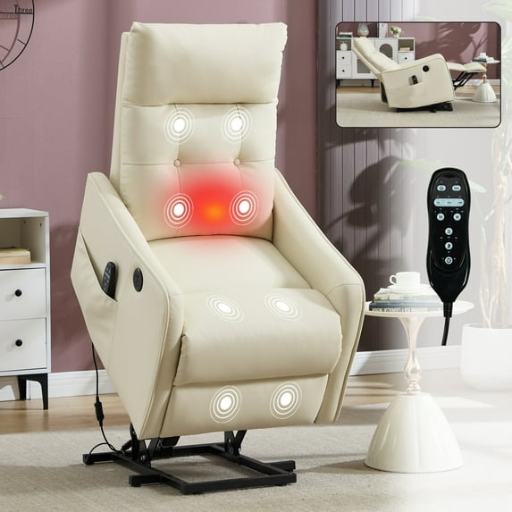 Beige PU Single Motor Power Lift Recliner Chair with Massage and Heat ...