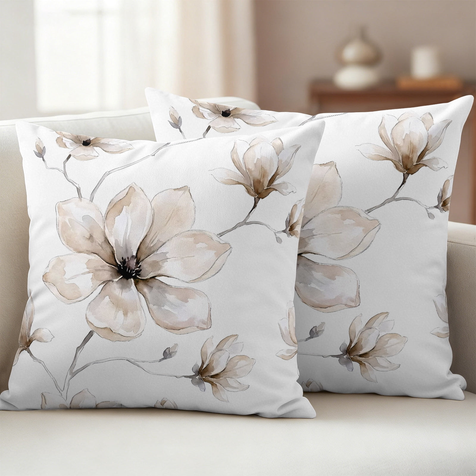 Beige Painting Floral Outdoor Waterproof Throw Pillow Covers 20x20 Set ...