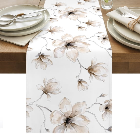Beige Painting Floral Table Runner Farmhouse Flowers Classic ...