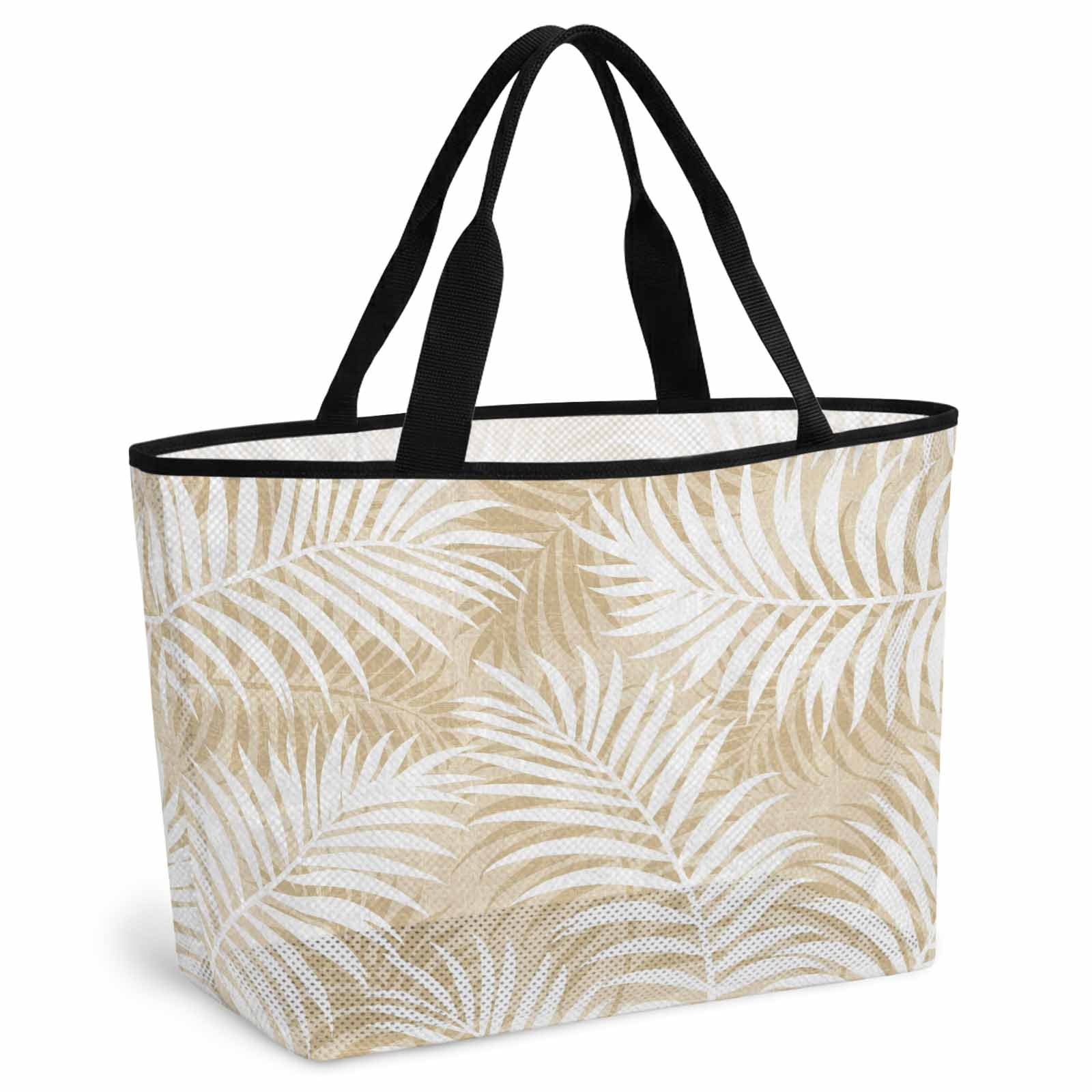 Beige Palm Leaf Beach Bag for Women, Large Breathable Mesh Beach Tote ...