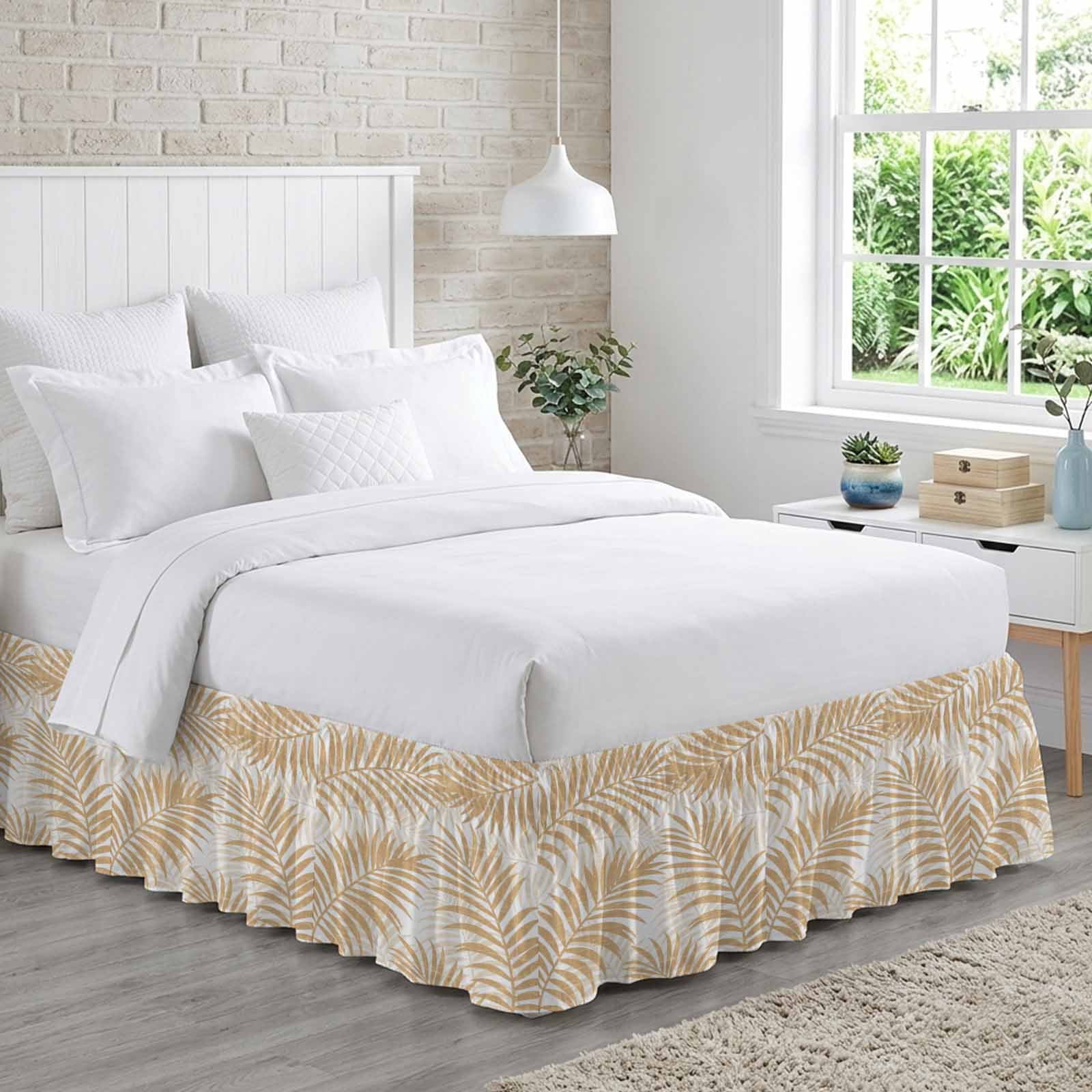 Beige Palm Leaves Bed Skirt King Size 16 Inch Drop, Summer Botanical ...