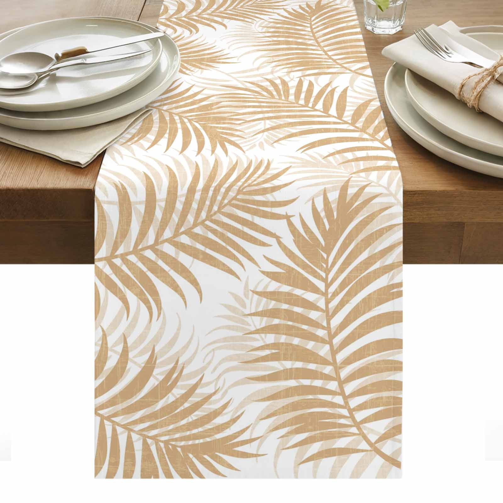 Beige Palm Leaves Cotton Linen Table Runner Summer Botanical Tropical ...