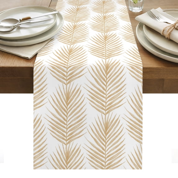 Beige Palm Leaves Cotton Linen Table Runner Summer Tropical Leaf ...