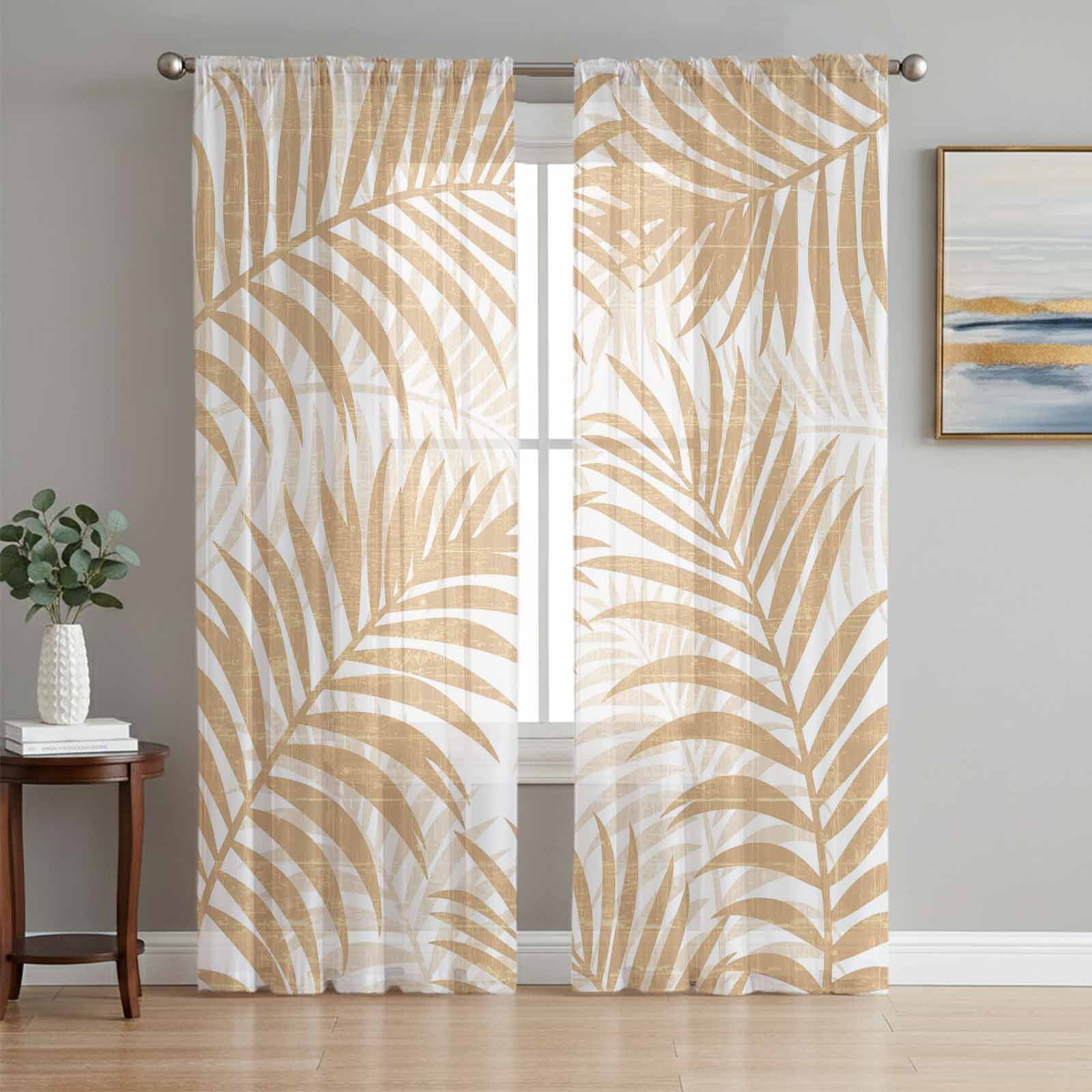 Beige Palm Leaves Sheer Curtains for Living Room Bedroom Summer ...