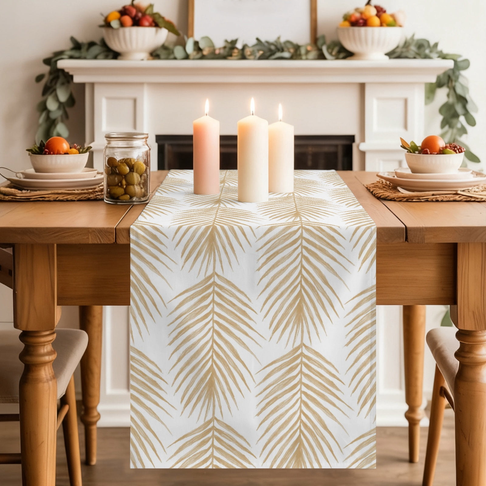 Beige Palm Leaves Table Runner, Summer Tropical Leaf Botanical Washable ...