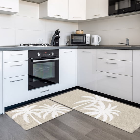 Beige Palm Tree 2 Pieces Non-Slip Kitchen Mat Set, Summer Tropical ...