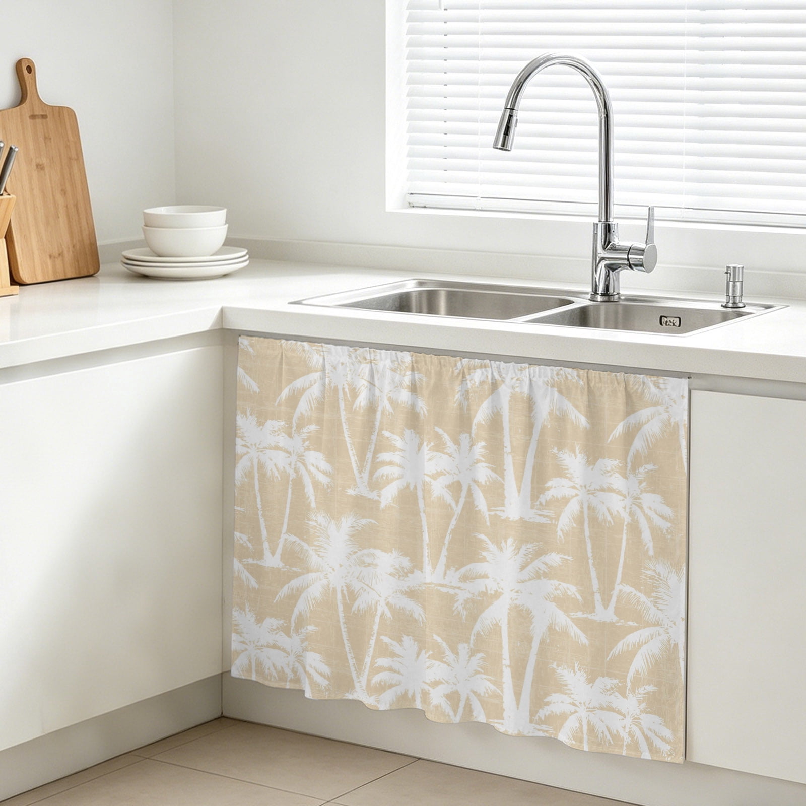 Beige Palm Tree Cabinet Curtain, Summer Tropical Country Nautical Beach ...