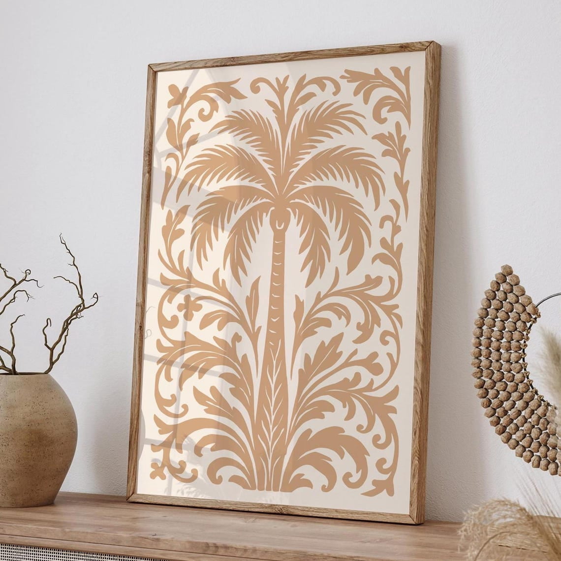 Beige Palm Tree Linocut Boho Coastal Wall Art, Unframed Canvas 24x36in ...