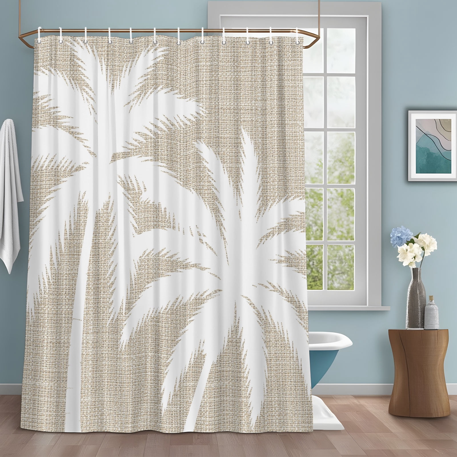 Beige Palm Tree Shower Curtain Set with Hooks, Summer Tropical Beach ...