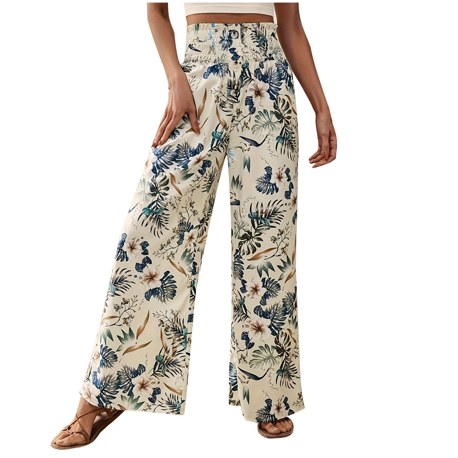 Beige Pants for Ladies Summer Fall Floral Loose Fit Beach Casual ...