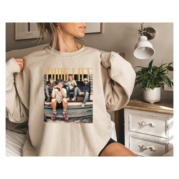 Beige Parody Porch Friends Graphic Sweatshirt with Gold 'THUG LIFE ...