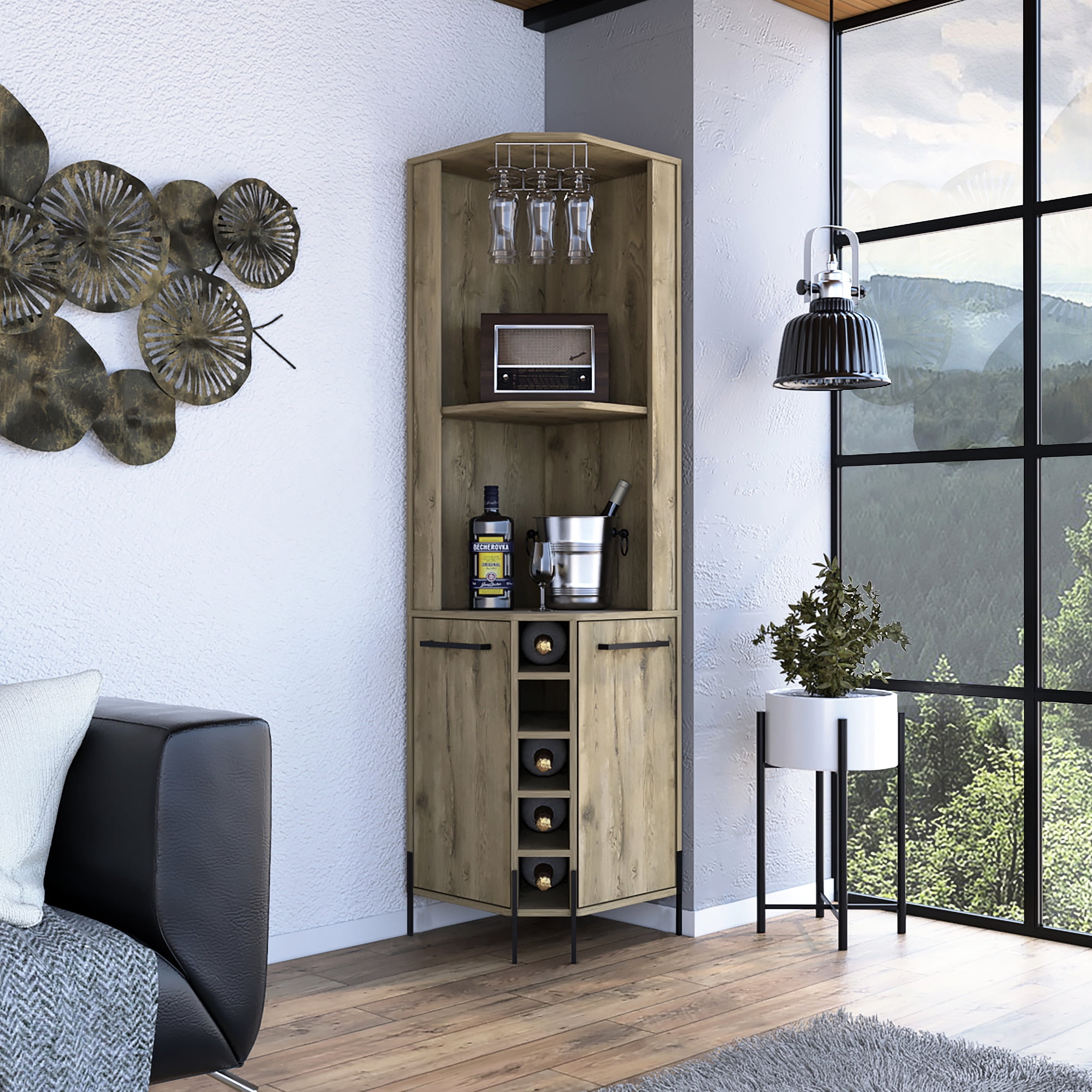 Beige Particle Board Corner Bar, Two Doors, Five Wine Bottle Style Bar ...