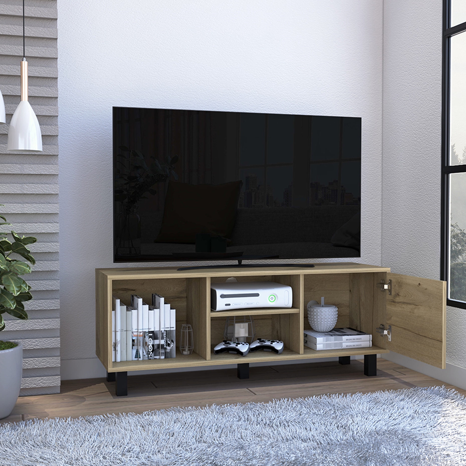 Beige Particle Board TV Stand with Two Open Shelves and Cabinet for 40 ...