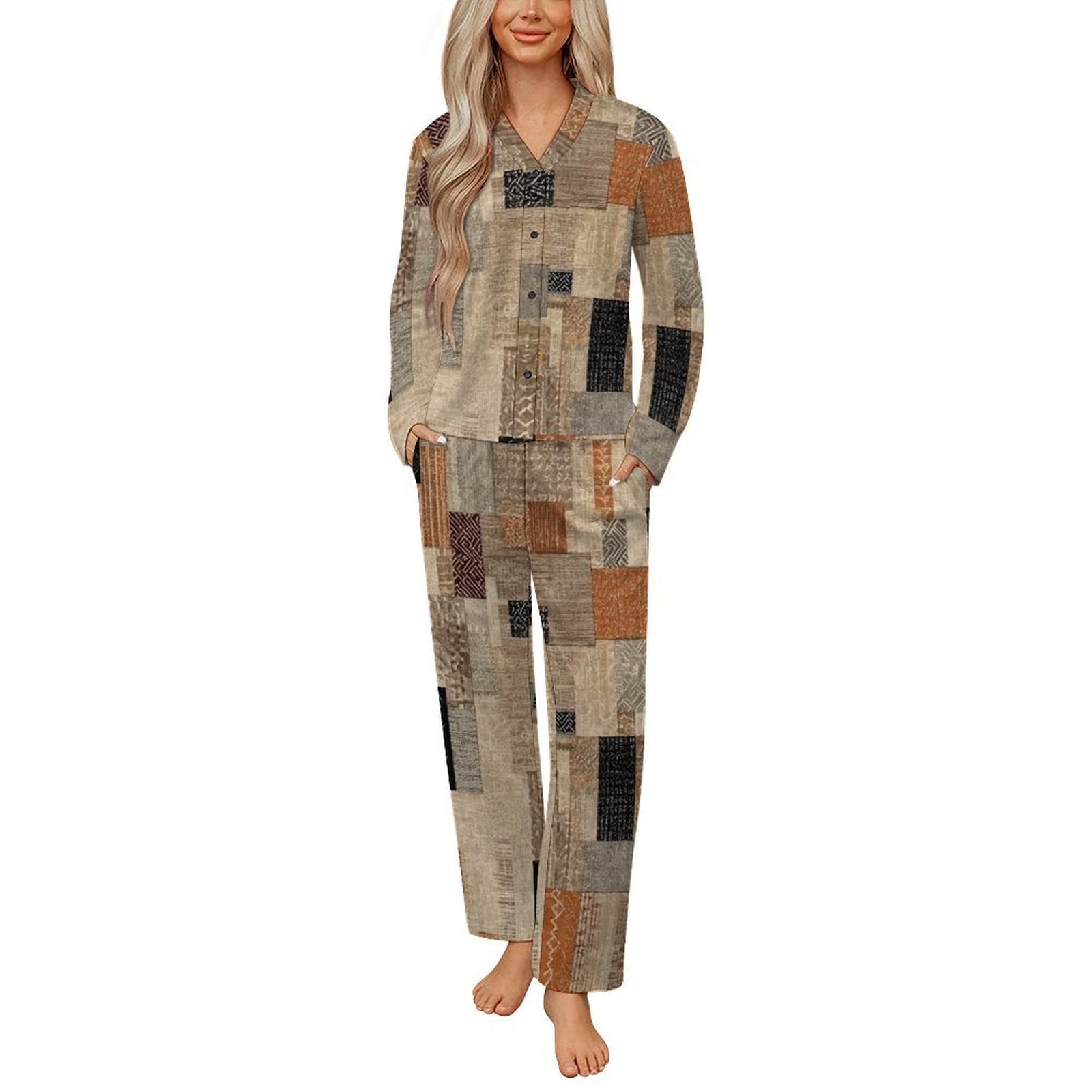 Beige Patchwork Design Womens Pyjamas Set Button Up Pyjamas Womens with ...