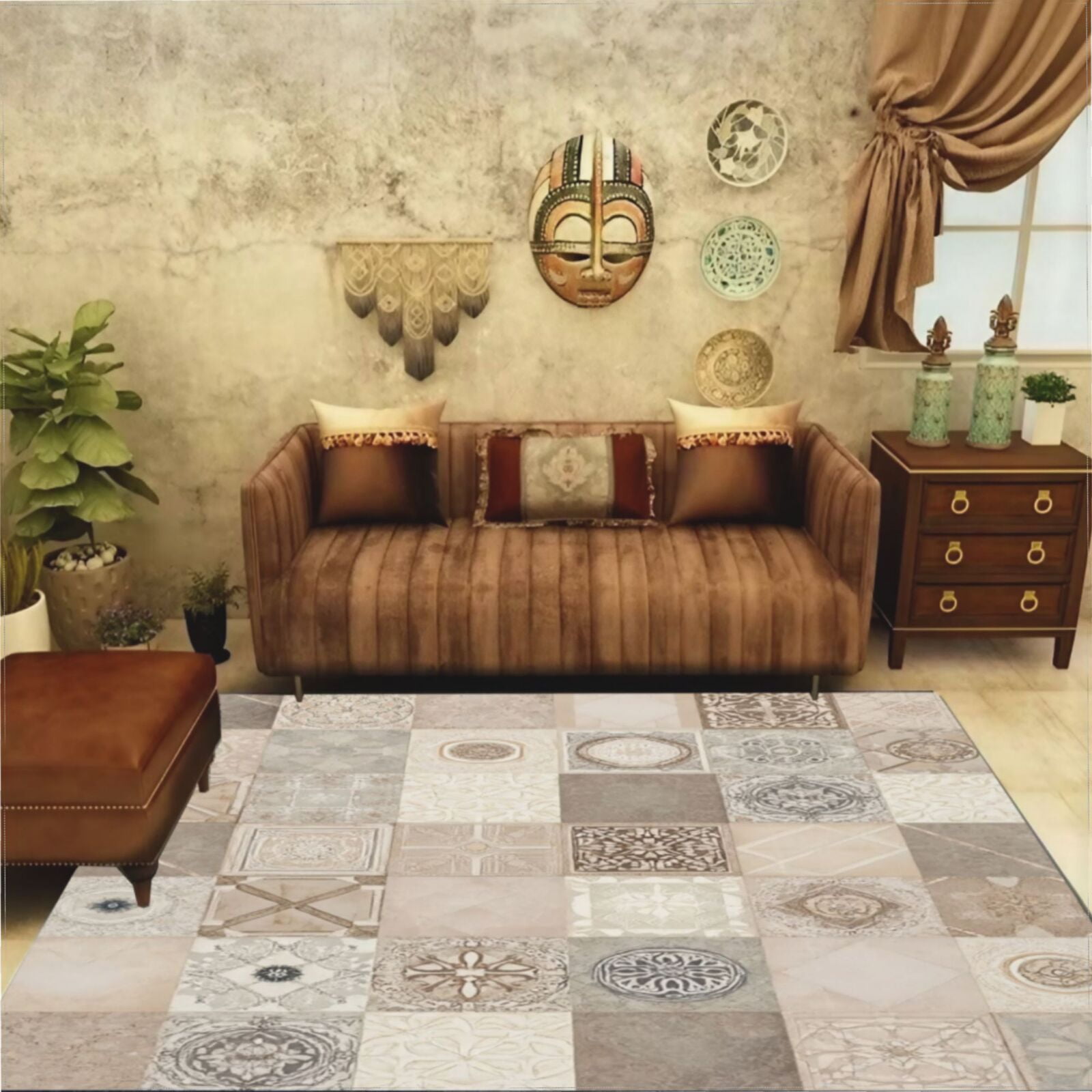 Beige Patterned Tile Mosaic Living Room ration Nordic Carpets Large ...