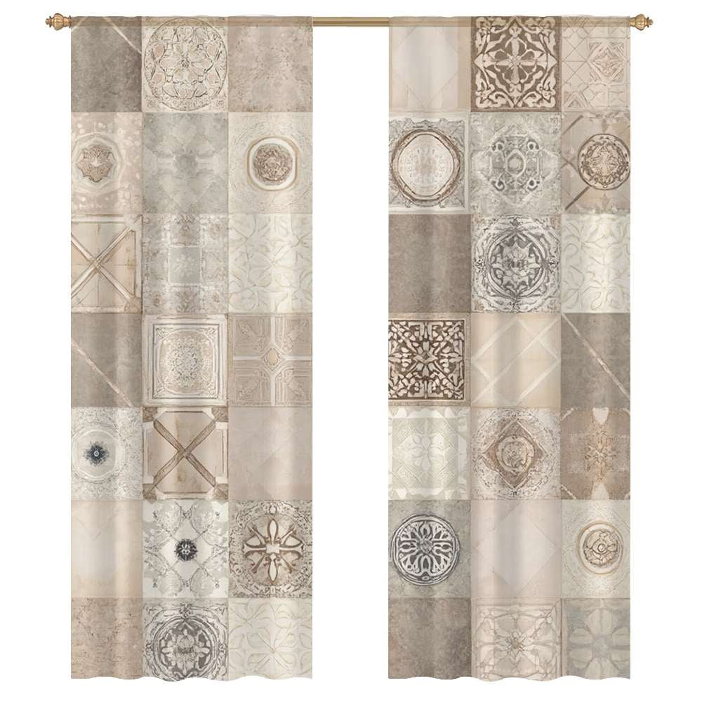 Beige Patterned Tile Mosaic Tulle Curtains For Living Room Chiffon ...
