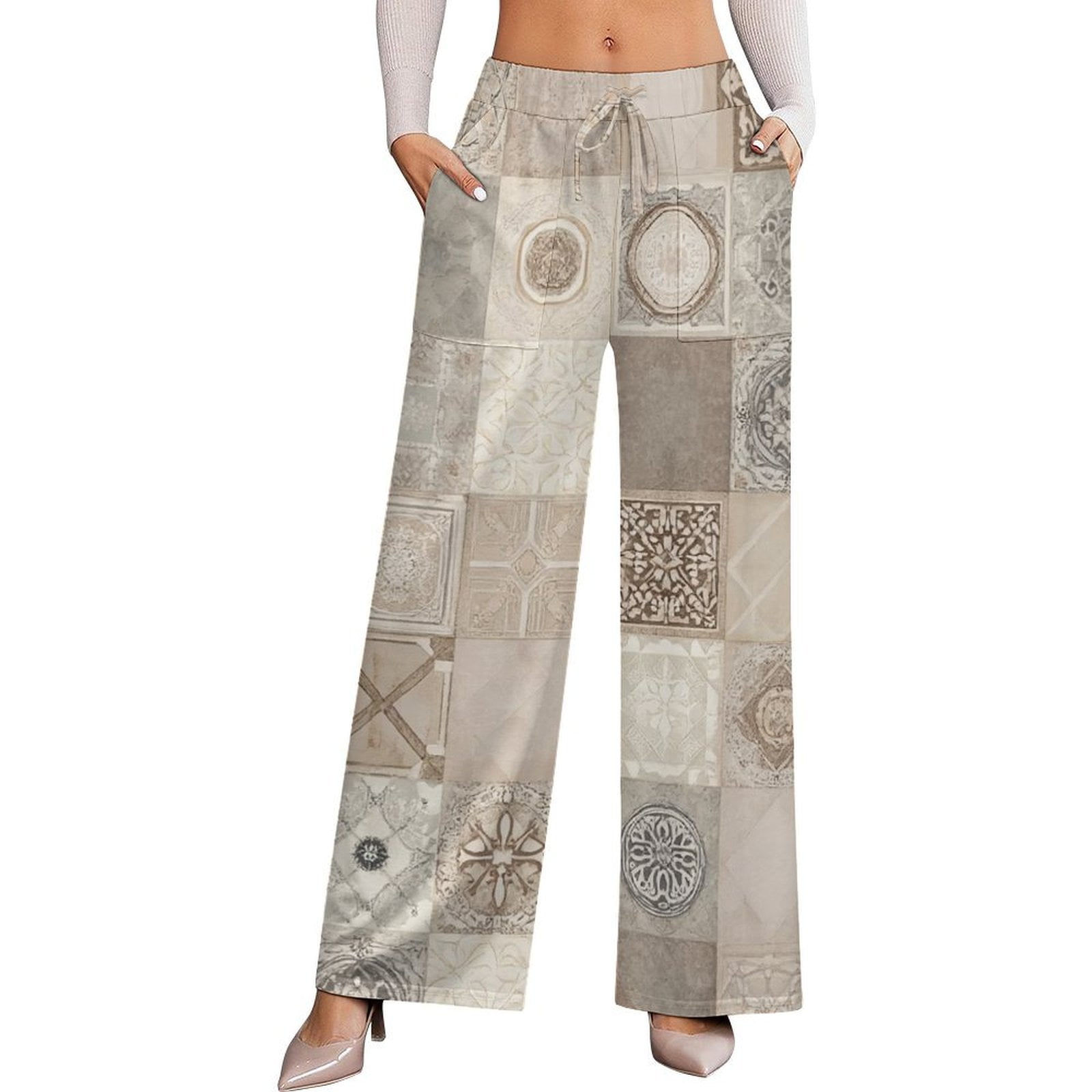Beige Patterned Tile Mosaic Women's Casual Wide Leg Pants Comfort ...