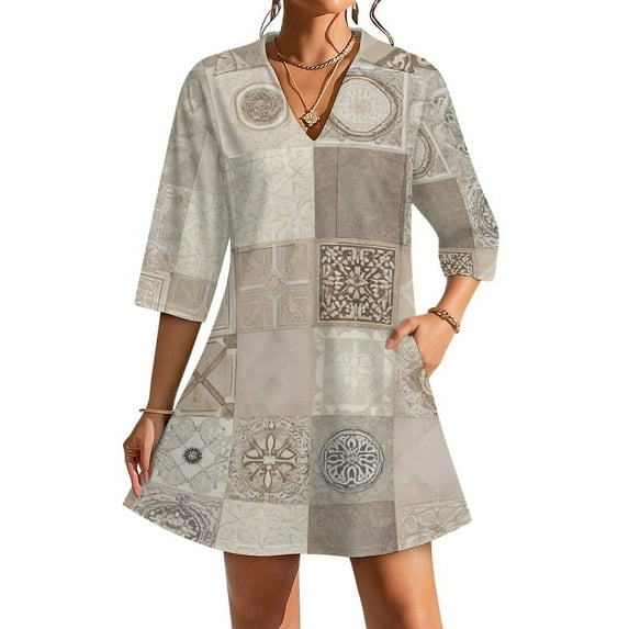 Beige Patterned Tile Mosaic Womens Dress With Pockets Summer V Neck 3/4 ...