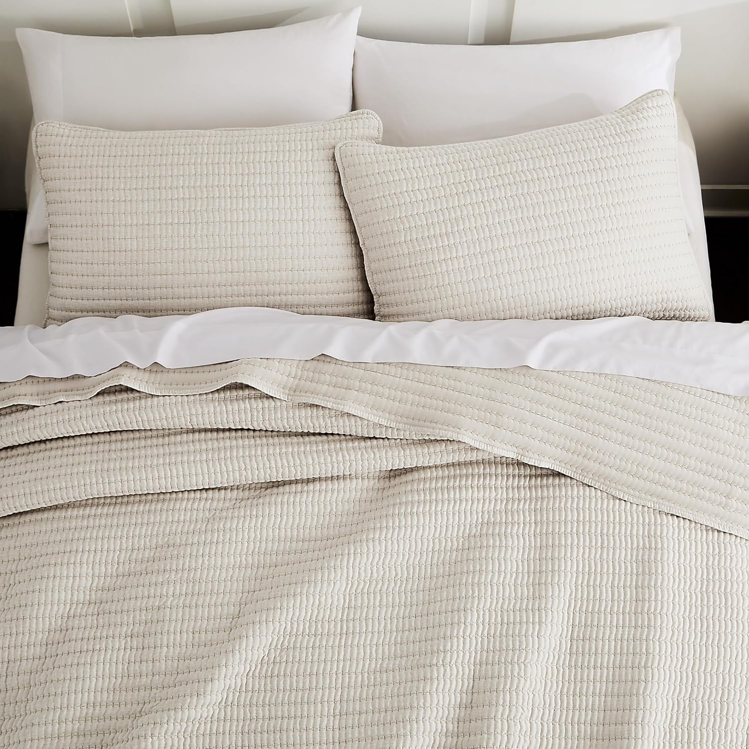 Beige Pick Stitch Twin Size Quilt Set, Striped Lightweight Soft Summer ...