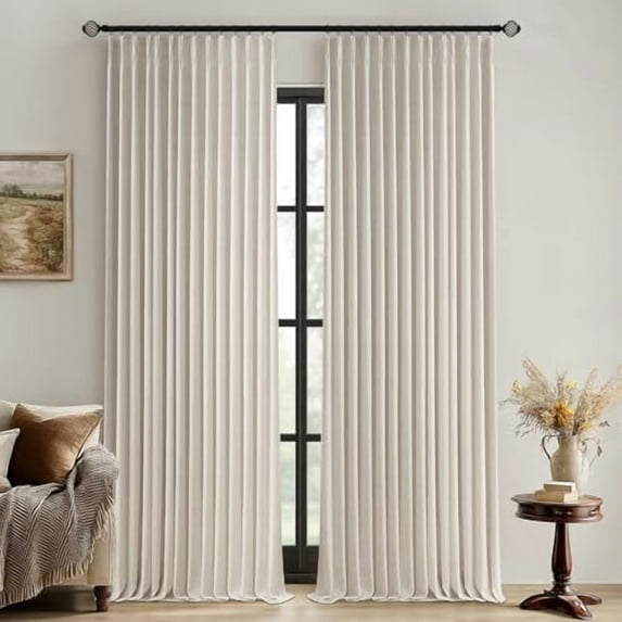Beige Pinch Pleated 100% Blackout Linen Curtains 108 Inch Long 2 Panels ...