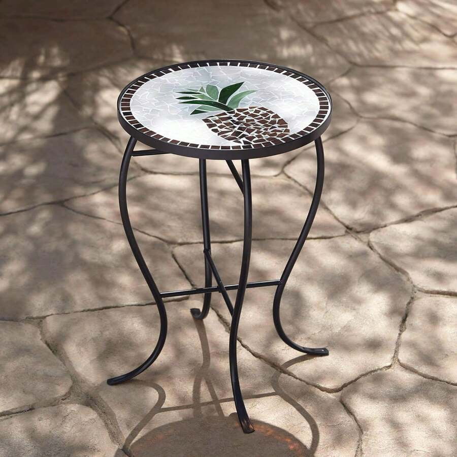 Beige Pineapple Mosaic Pineapple Design Black Metal Round Outdoor ...