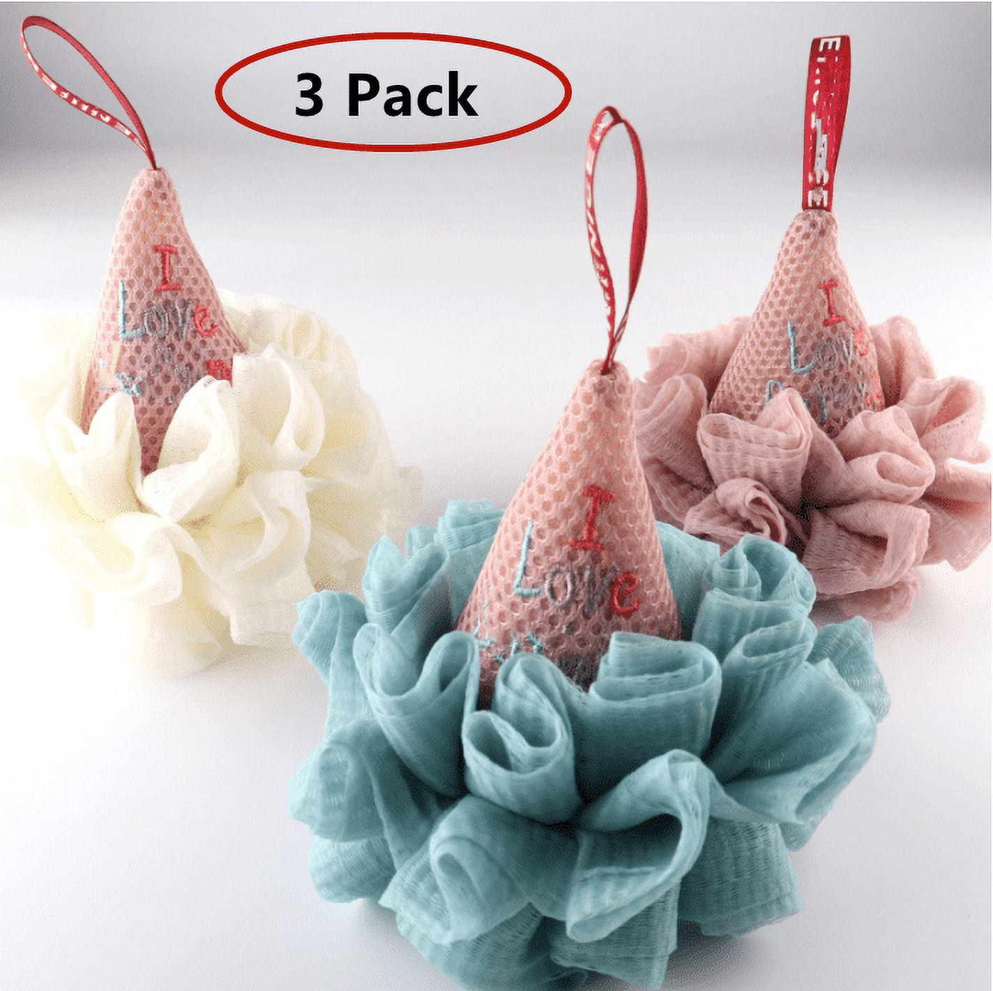 Beige&Pink& Blue Loofah Bath Sponge Luffa Loufa Body Scrubber Mesh Pouf ...