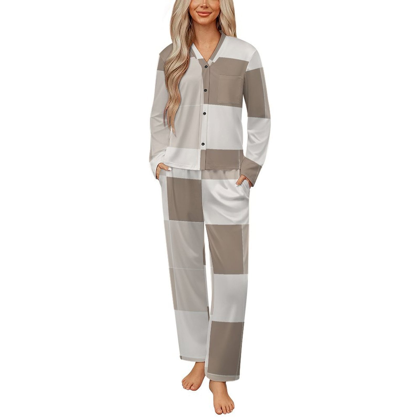 Beige Pixel Art Print Womens Pyjamas Set Button Up Pyjamas Womens with ...